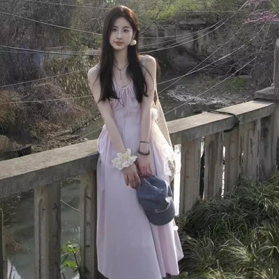温柔风紫色褶皱吊带连衣裙女夏季2024新款仙女修身收腰A字长裙子