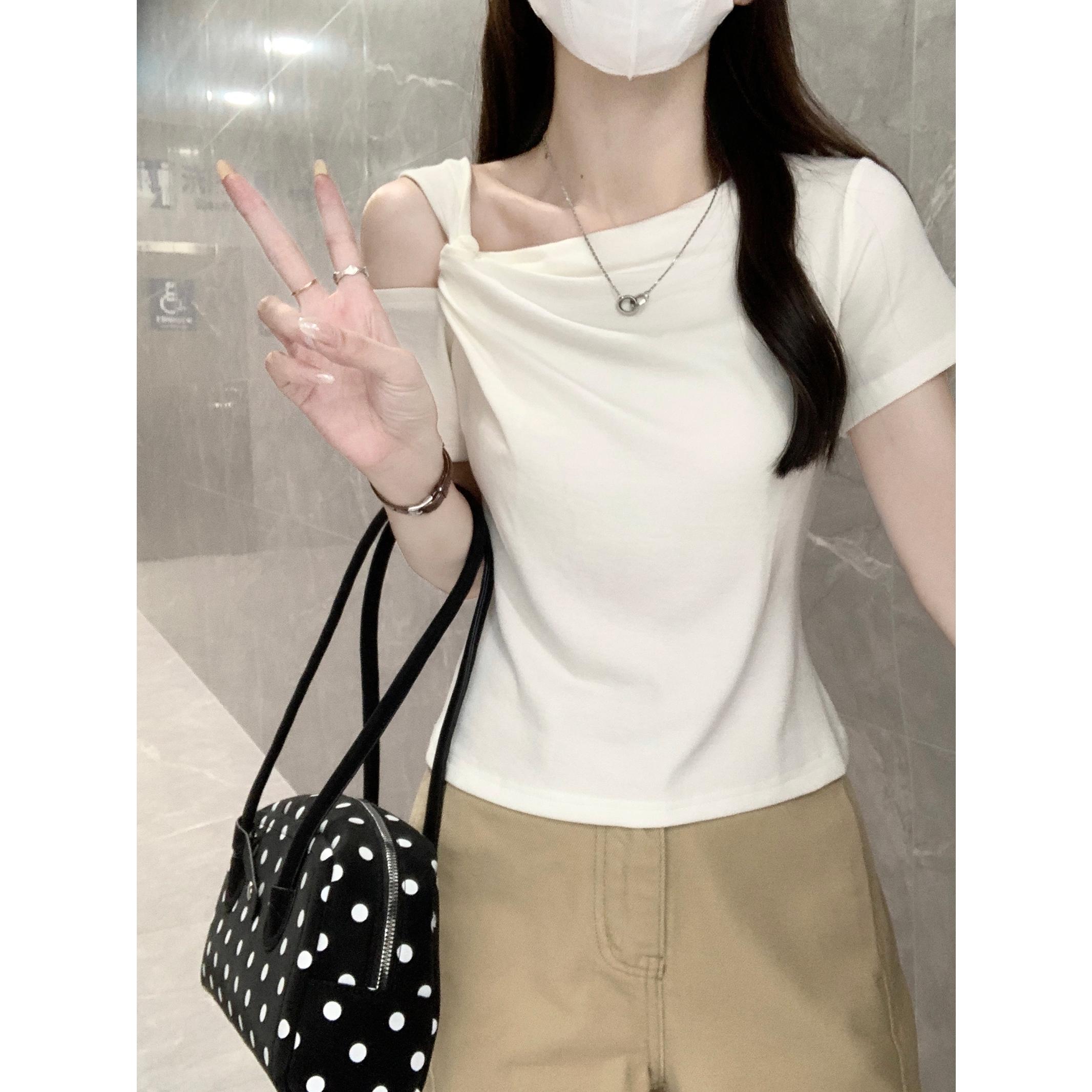 短袖t恤女装夏季新款潮韩系设计感修身显瘦纯色斜领上衣