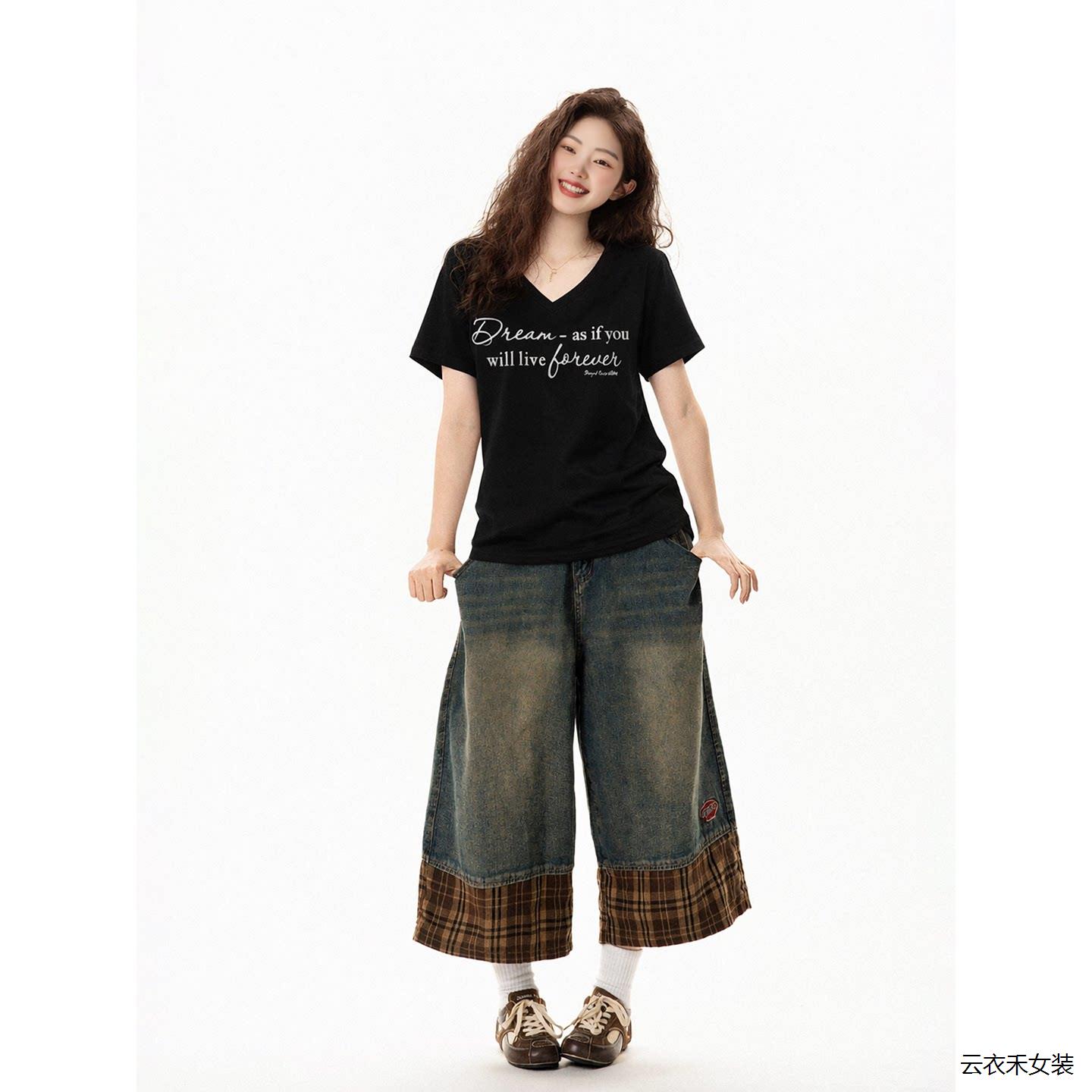 大尺码V领正肩短袖t恤女夏季新款胖mm收腰显瘦设计感巨好看宽松上