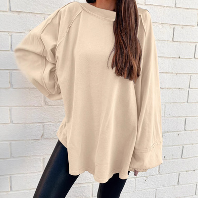 欧美卫衣女shin新款套头褶皱纯色圆领单件针织棉女士上衣
