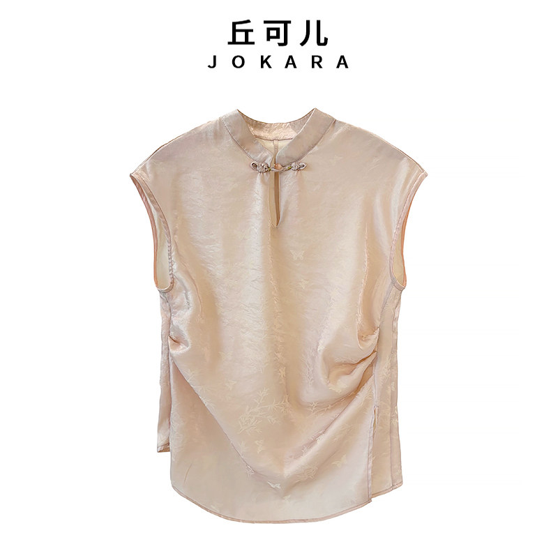 Jokara/丘可儿【粉袖歌】宽松女士休闲T恤上衣无袖圆领新中式