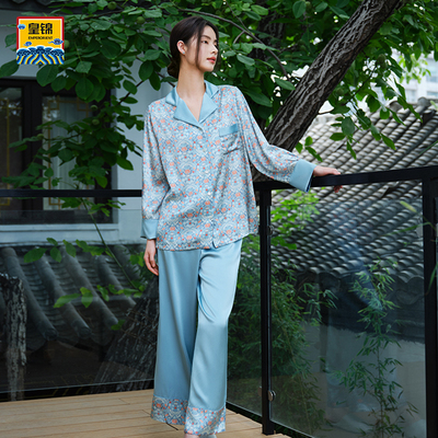 【皇锦新品】桑蚕丝家居服套装V领长袖春秋宽松-花蝶影丛HJ21554