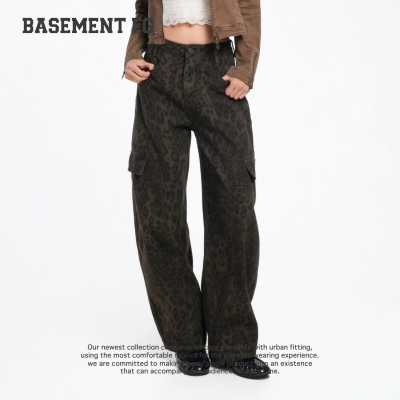 BASEMENTFG长裤26秋冬新款复古豹纹工装裤宽松阔腿裤262120163130