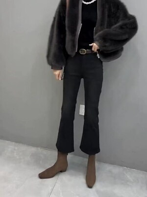 佳艺涵欧货正品秋冬新款女士大码抓绒加厚牛仔裤微喇叭裤九分粗