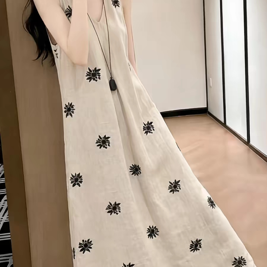 特别漂亮的气质小裙子女夏米色印花无袖V领吊带长款a字显瘦连衣裙