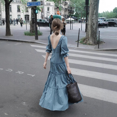 韩国fletta复古拼接泡泡袖连衣裙