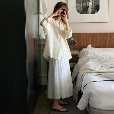 ounce现H26夏款韩国东大门纯色宽松显瘦休闲百搭翻领慵懒风衬衫女