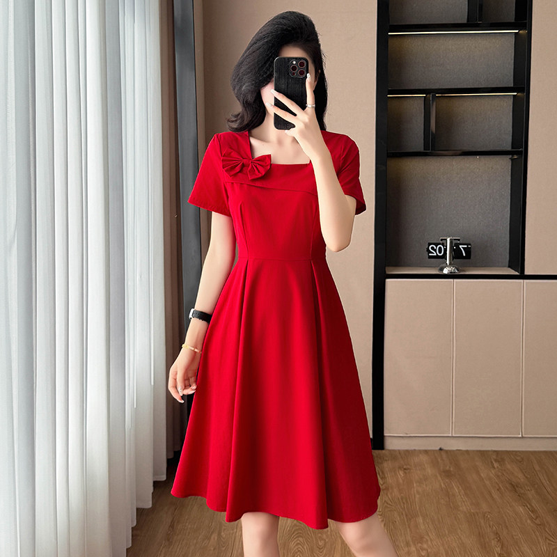 红色喜庆修身显瘦中长款大码女装胖mm胖妹妹短袖连衣裙子夏季新款