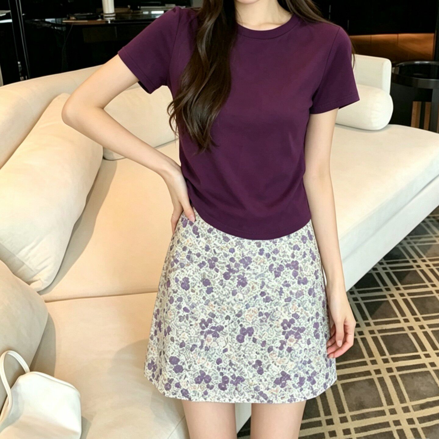 实拍 韩系夏季后背开叉扭结小众设计上衣+清新碎花半身裙套装女