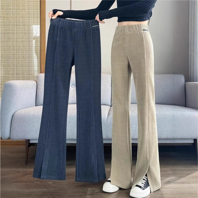 大码开叉微喇叭裤女秋冬2025新款瘦腿保暖加绒高腰胖mm阔腿棉裤子