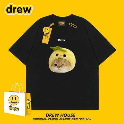 Drew笑脸猫咪T恤可爱wink英短猫休闲情侣百搭宽松正肩纯棉短袖ins