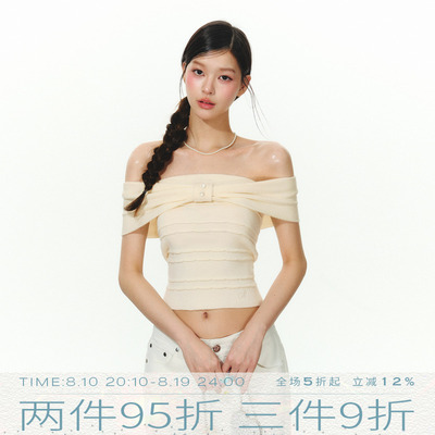 MMMOUND 美式复古设计感一字肩短款短袖t恤女夏季新款上衣