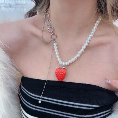 甜美可爱珍珠红色草莓项链女轻奢小众高级感吊坠锁骨链颈链气质潮