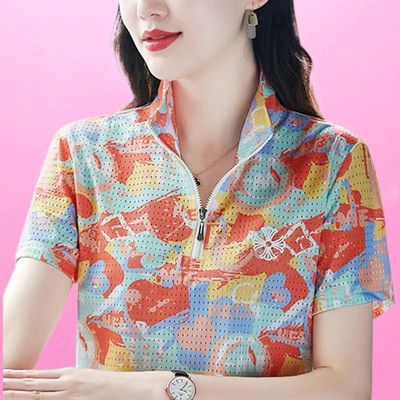 冰丝速干短袖t恤女夏新款时尚立领妈妈运动polo衫透气迷彩上衣