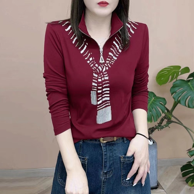 2025早秋立领半拉链春秋款打底衫女装新款时髦印花减龄上衣小衫潮