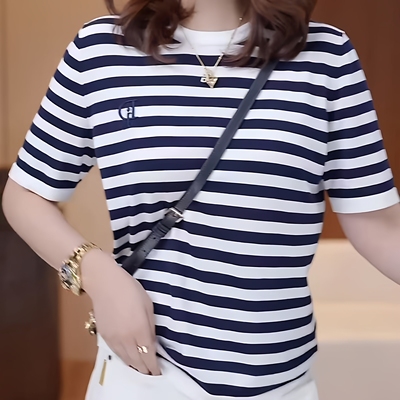 短袖t恤刺绣女士宽松气质条纹