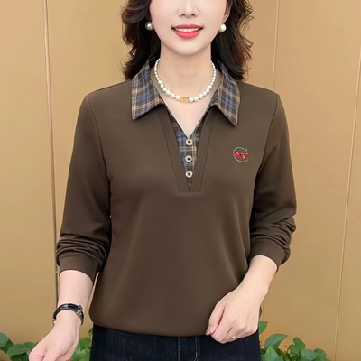 时尚妈妈装假两件翻领长袖T恤