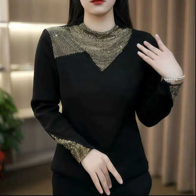 秋冬德绒烫钻修身长袖打底T恤女