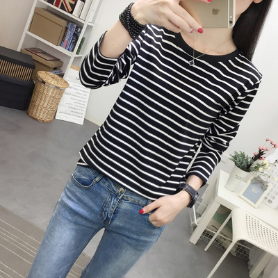 【含棉】2025年春秋新款长袖女士圆领打底衫宽松大码显瘦T恤细横