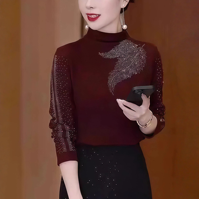 德绒气质妈妈半高领烫钻打底衫女