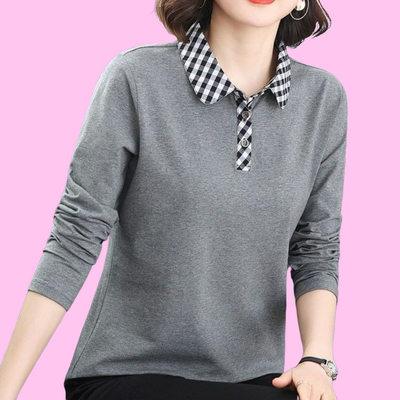 妈妈翻领长袖拼接格子打底衫2025新款春秋t恤中年妈妈洋气polo衫