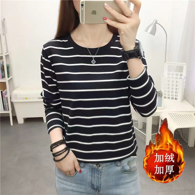 【加绒加厚】2025年秋冬新款长袖条纹T恤女士保暖衣宽松显瘦打底