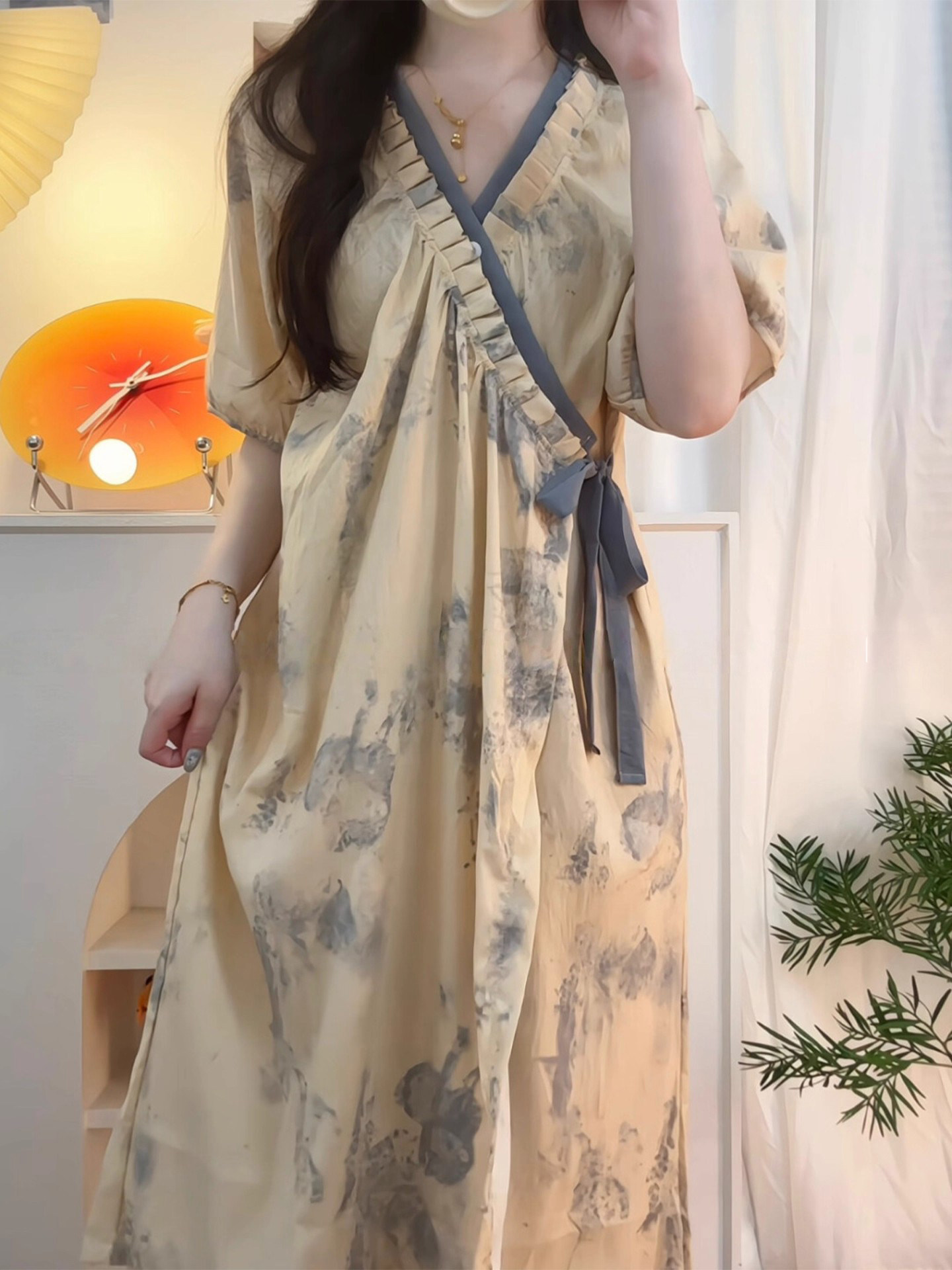 云朵棉中式扎染短袖睡裙女2025新款系带浴袍睡衣裙国风家居服睡袍