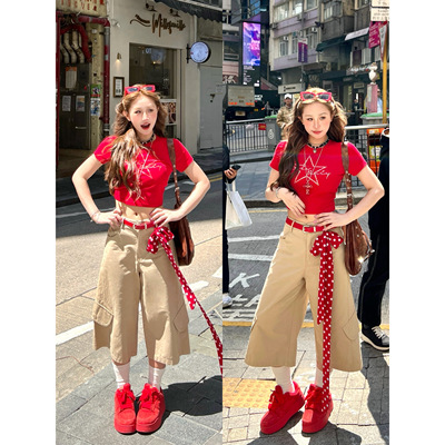 复古卡其工装宽松阔腿七分裤