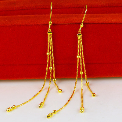 黄金耳环女款AU750真金耳饰长流苏盒子链串珠18K金子纯金耳坠