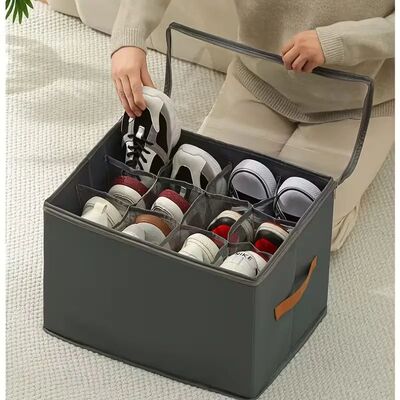 12-Grid Foldable Shoe Organizer with Clear Window and Handle