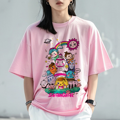 路上海国潮上海彩色oversized休闲纯棉国潮创意短袖男女情侣t恤