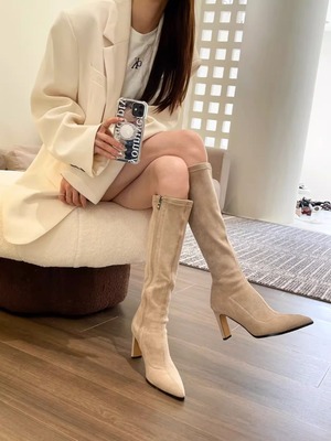 瘦瘦靴粗跟尖头高筒靴女2023新款