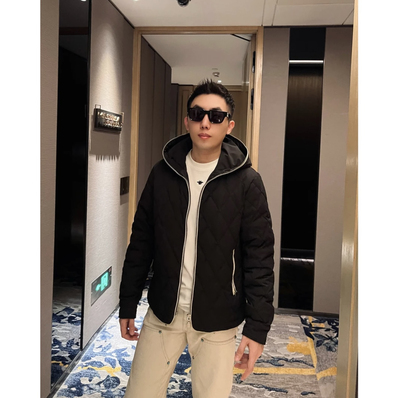 26秋冬新款男士菱形格90白鸭绒全拉链格纹连帽羽绒服夹克外套