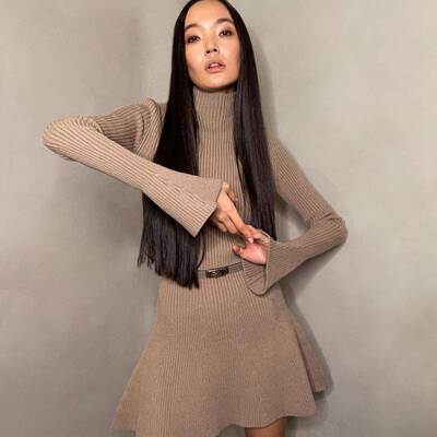 black dress women autumn winter flare turtleneck dress
