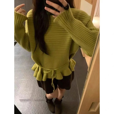 时尚荷叶边系带收腰针织衫女秋冬韩系百搭小众上衣长袖圆领短毛衣