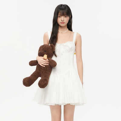 Pink ers联名款法式纯欲甜美鱼骨吊带连衣裙芭蕾风蕾丝收腰小白裙