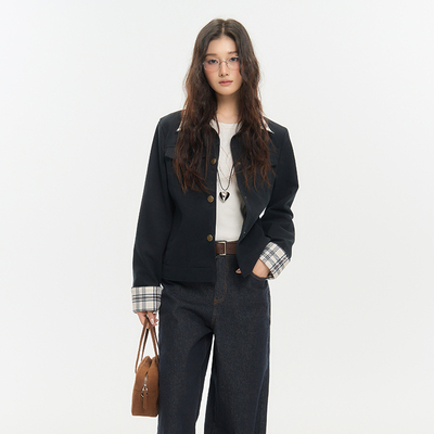 复古文艺格纹拼接修身休闲夹克