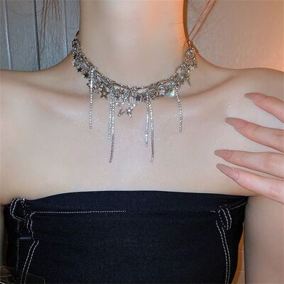 Hollow Silver Color Star Choker Necklaces for Women Long