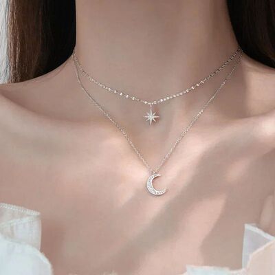 Silver Necklace for Women Double Layer Zircon Star Moon