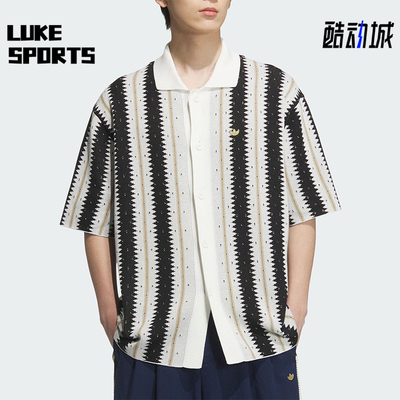 Adidas/阿迪达斯正品三叶草男士翻领钩针编织条纹透气衬衫KE5833