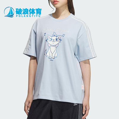 Adidas/阿迪达斯正品三叶草女士宽松圆领小猫经典图案短袖KC3098