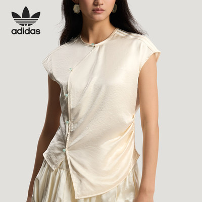 Adidas/阿迪达斯官方正品三叶草女士新中式缎面休闲短袖T恤KY5745