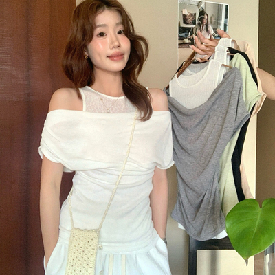 甜甜恋爱的季节～露肩纯欲一字肩假两件针织小衫10267