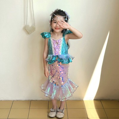 女童小美人鱼爱丽儿公主裙儿童亮片鱼尾连衣裙cosplay服装演出服
