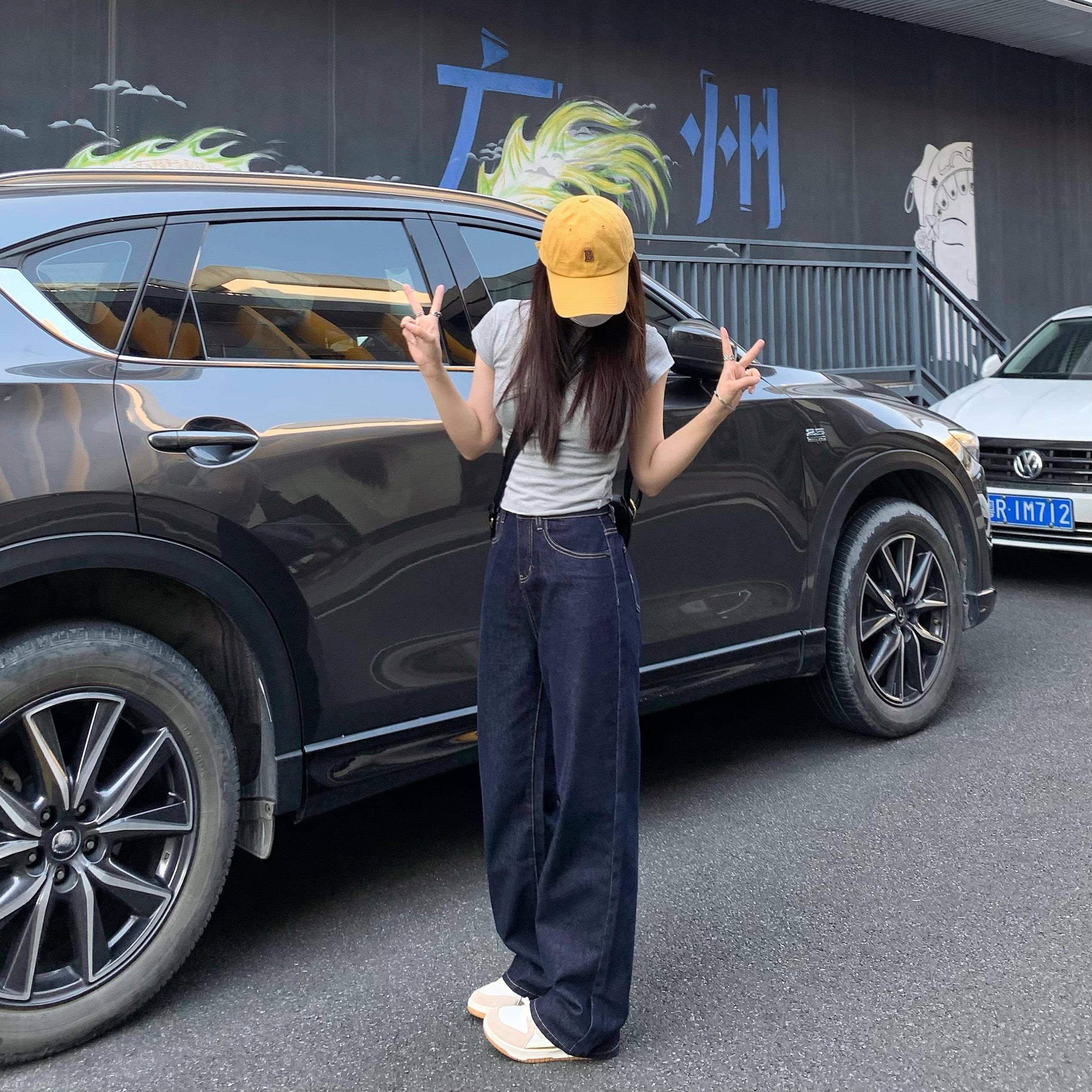 纯哥家深蓝色直筒牛仔裤女2024年春秋新款染筒高腰显瘦窄版阔腿裤