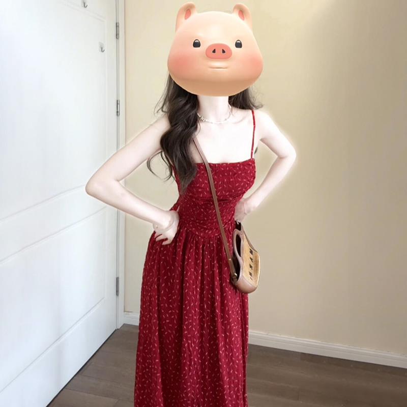 法式复古碎花吊带连衣裙子女夏季2025新款小个子气质收腰无袖长裙