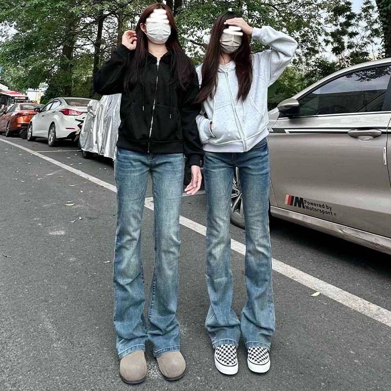 MYFC复古低腰微喇牛仔裤女2024秋冬新款修身显瘦刺绣拖地喇叭裤子