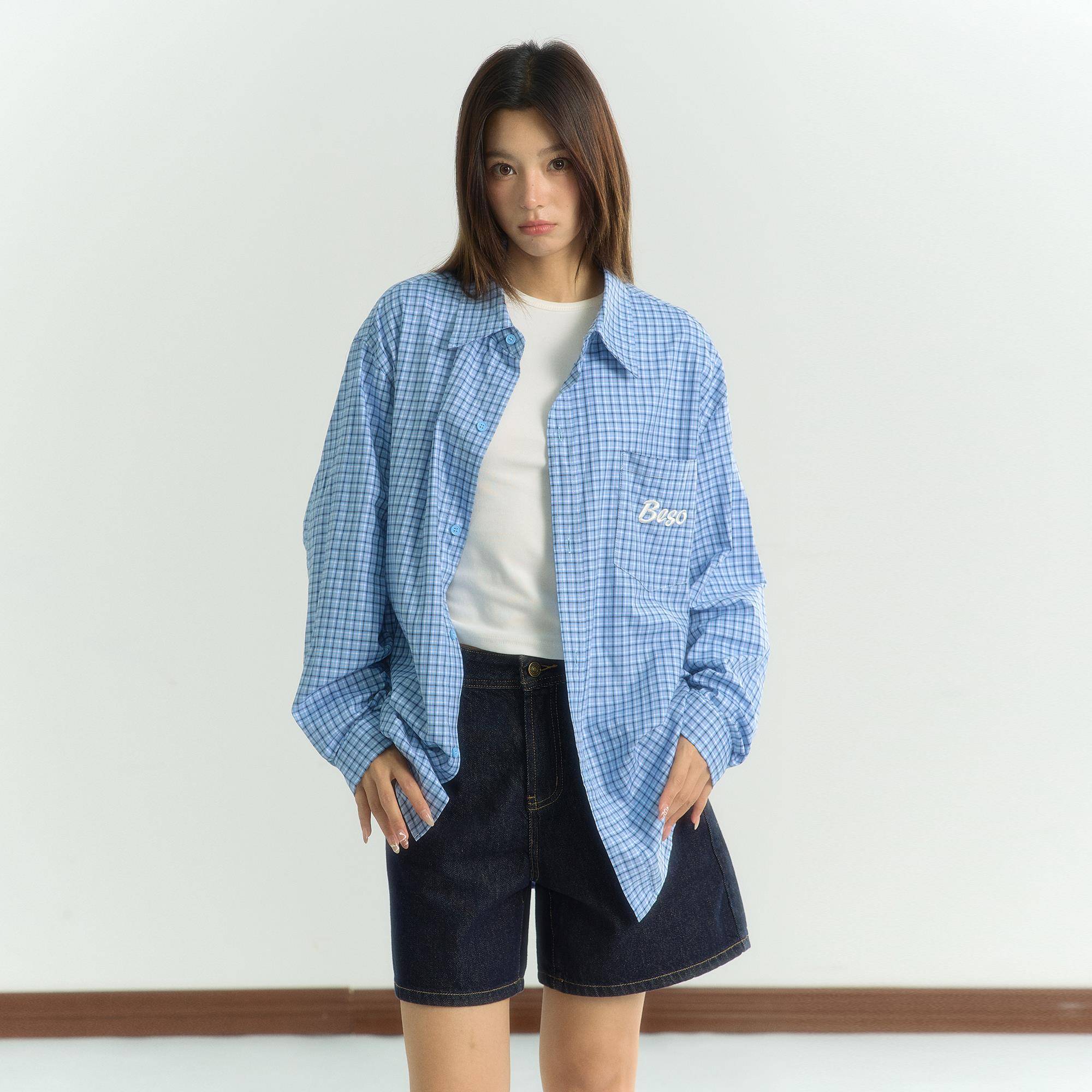 BESOBER原创 蓝色宽松刺绣格子衬衫开衫上衣女休闲防晒衬衣外套春
