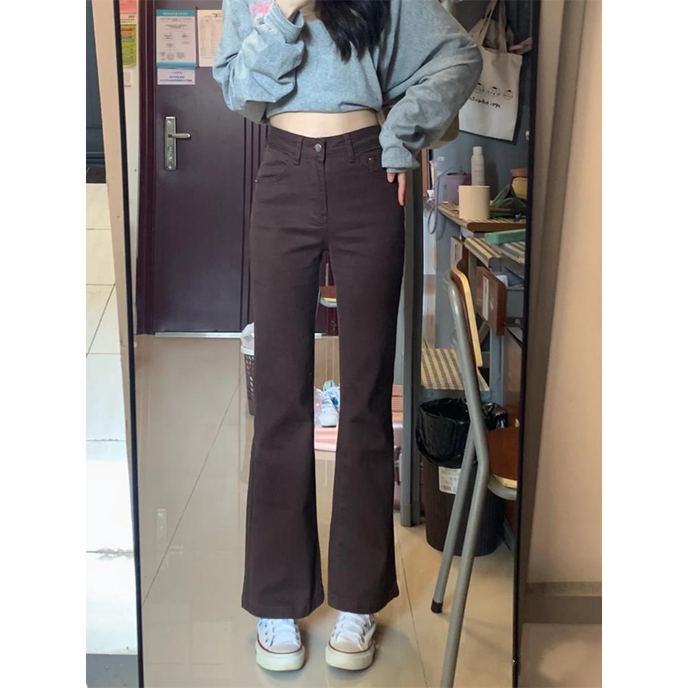 棕色微喇牛仔裤女秋冬加绒高腰大码胖mm弹力显瘦梨形身材九分裤子