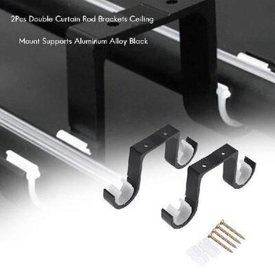 2Pcs Double Curtain Rod Brackets Ceiling Mount Supports